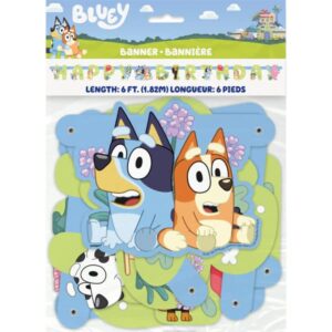 Unique Bluey Birthday Party Supplies Bundle includes Dessert Cake Plates, Napkins, Table Cover, Happy Birthday Banner (Bundle for 16)