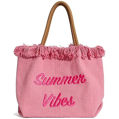 WEIIYONN Large Beach Bag Tote Bag for Women Summer Vibe Shoulder Bag with Tassels Aesthetic Handbag for Vacation Holidays (Pink)