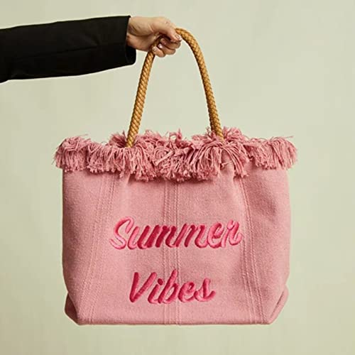 WEIIYONN Large Beach Bag Tote Bag for Women Summer Vibe Shoulder Bag with Tassels Aesthetic Handbag for Vacation Holidays (Pink)