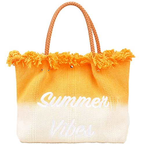 WEIIYONN Large Beach Bag Tote Bag for Women Summer Vibe Shoulder Bag with Tassels Aesthetic Contrast Color Handbag (Yellow White)