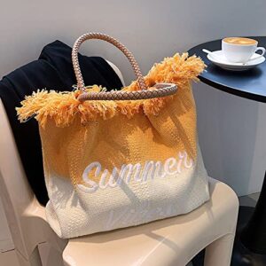 WEIIYONN Large Beach Bag Tote Bag for Women Summer Vibe Shoulder Bag with Tassels Aesthetic Contrast Color Handbag (Yellow White)