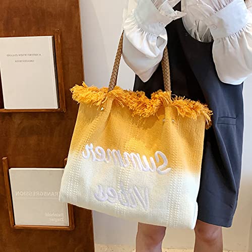 WEIIYONN Large Beach Bag Tote Bag for Women Summer Vibe Shoulder Bag with Tassels Aesthetic Contrast Color Handbag (Yellow White)