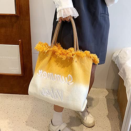 WEIIYONN Large Beach Bag Tote Bag for Women Summer Vibe Shoulder Bag with Tassels Aesthetic Contrast Color Handbag (Yellow White)