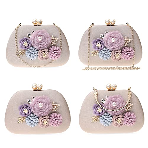 Evening Bag for Women Sparkly Flowers Beads Clutch Bags Elegant Clutch Bag for Wedding Party Prom (Champagne)