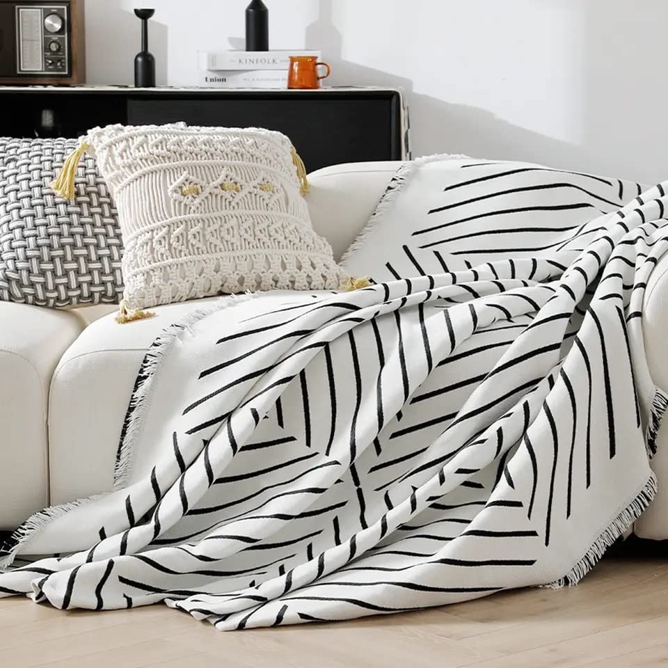 SANGUUNHEDO White and Black Throw Blanket, Modern Geometric Patterned Throw Blanket, Soft Reversible Woven Throw Blanket for Sofa Couch Bed Living Room Travel and Picnic, White&Black (70X50 Inch)