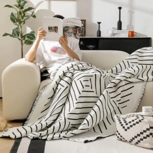 SANGUUNHEDO White and Black Throw Blanket, Modern Geometric Patterned Throw Blanket, Soft Reversible Woven Throw Blanket for Sofa Couch Bed Living Room Travel and Picnic, White&Black (70X50 Inch)