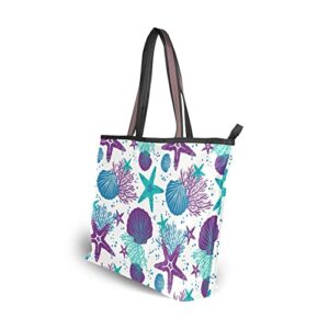 ZENWAWA Starfish Seashell Tote Bag Zipper Large Capacity Women Grocery Bag Purse Shoulder Bag 2 Sizes