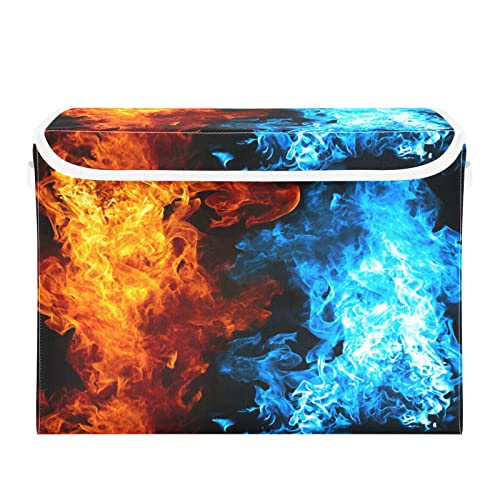 Kigai Red and Blue Fire Storage Basket with Lid Collapsible Storage Bin Fabric Box Closet Organizer for Home Bedroom Office 1 Pack