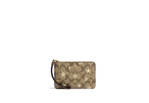 coach corner zip wristlet in signature canvas (im/khaki/gold multi)