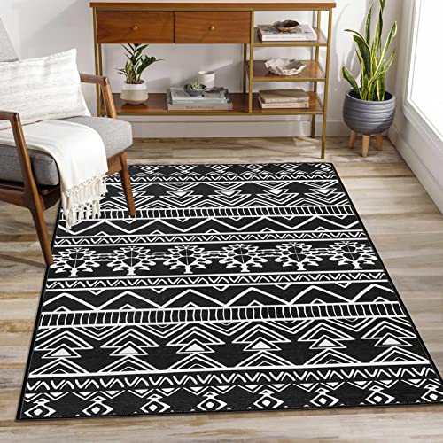 Lahome Boho Black Area Rug - Moroccan 3x5 Entryway Rug, Non Slip Non Shedding Low Pile Stain Resistance Laundry Mat Indoor Floor Guest Room Carpet for Bedroom Office Door Vanity RV