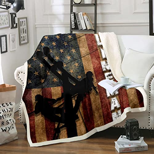 Lineman Blanket Vintage American Flag Sherpa Blanket Retro Usa Flag Print Throw Blanket Red and Blue Grunge Stripes Fleece Blanket Electrician Lineman Silhouette Fuzzy Blanket Father's Day 60”x80”