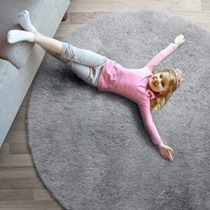 signature loom fluffy shaggy area rug 6 foot round – soft fuzzy velvet rugs for girls bedroom – shaggy carpet for kids room non-slip bottom – soft fluffy throw rug indoor living room carpet, grey