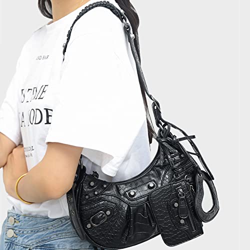 Women Punk Style Rivet Satchels Handbags Crocodile Pattern Leather Crossbody Bags With Mirror And Card Hobo Bags