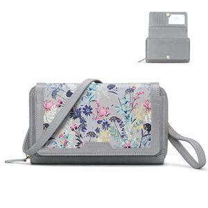 women crossbody wallet purse, rfid card holder wristlet clutch 2 straps,grey floral