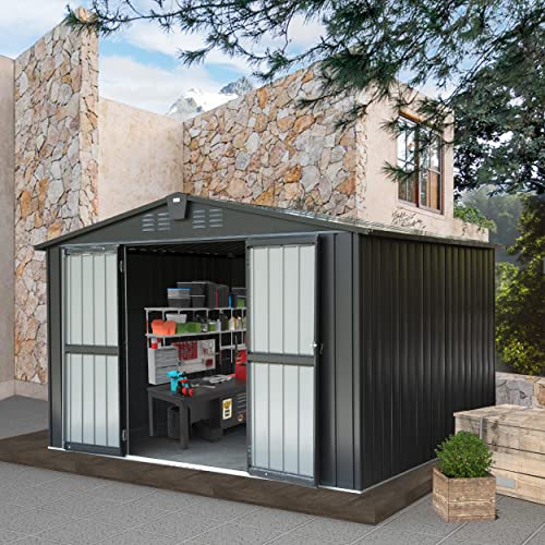 Domi Backyard Storage Shed 9.8’ x 7.9’ with Galvanized Steel Frame,Outdoor Garden Shed Metal Utility Tool Storage Room with Latches and Lockable Door for Balcony Lawn Poolside (Dark Gray)