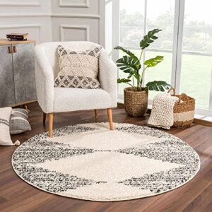 hauteloom berber shag collection – howth farmhouse living room bedroom round area rug with tassel – fluffy plush high pile carpet – southwestern bohemian tribal style – beige, black – 7’10” circle