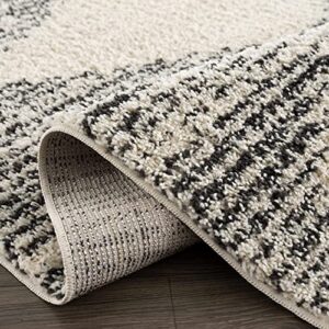 Hauteloom Berber Shag Collection - Howth Farmhouse Living Room Bedroom Round Area Rug with Tassel - Fluffy Plush High Pile Carpet - Southwestern Bohemian Tribal Style - Beige, Black - 7'10" Circle