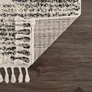 Hauteloom Berber Shag Collection - Howth Farmhouse Living Room Bedroom Round Area Rug with Tassel - Fluffy Plush High Pile Carpet - Southwestern Bohemian Tribal Style - Beige, Black - 7'10" Circle