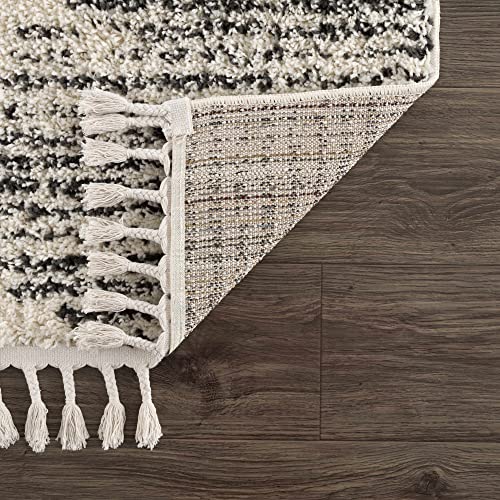 Hauteloom Berber Shag Collection - Howth Farmhouse Living Room Bedroom Round Area Rug with Tassel - Fluffy Plush High Pile Carpet - Southwestern Bohemian Tribal Style - Beige, Black - 7'10" Circle