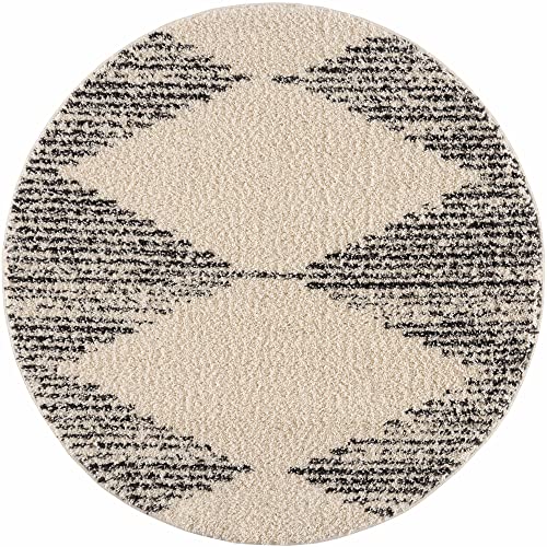 Hauteloom Berber Shag Collection - Howth Farmhouse Living Room Bedroom Round Area Rug with Tassel - Fluffy Plush High Pile Carpet - Southwestern Bohemian Tribal Style - Beige, Black - 7'10" Circle