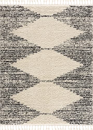 Hauteloom Berber Shag Collection - Howth Farmhouse Living Room Bedroom Round Area Rug with Tassel - Fluffy Plush High Pile Carpet - Southwestern Bohemian Tribal Style - Beige, Black - 7'10" Circle