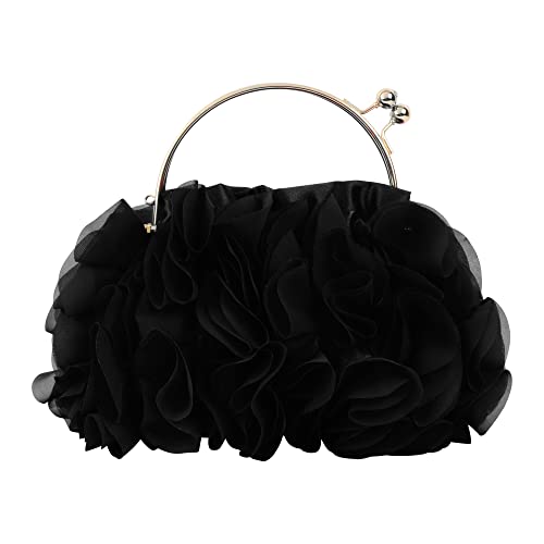 Women Rose Clutch Purse Satin Floral Evening Bag Wedding Party Top-handle Handbag (Black)