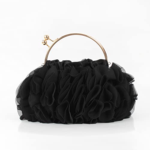 Women Rose Clutch Purse Satin Floral Evening Bag Wedding Party Top-handle Handbag (Black)