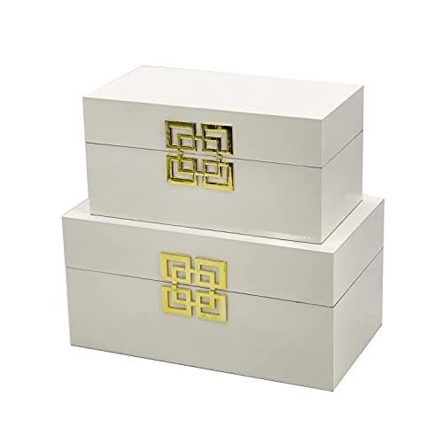 Galt International Storage Boxes - Large & Small Decorative Storage Box w/ Hinged Lid - Classic Design Wood Decor Boxes with Geometric Opening Clasp - Home & Office Storage - Set of 2 (White + Gold)