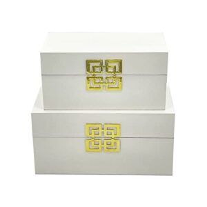 Galt International Storage Boxes - Large & Small Decorative Storage Box w/ Hinged Lid - Classic Design Wood Decor Boxes with Geometric Opening Clasp - Home & Office Storage - Set of 2 (White + Gold)