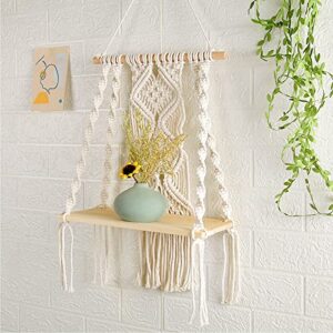 jerzo macrame hanging wall shelves, boho decor, swing rope floating shelf, rustic wood storage shelf for bedroom bathroom living room nursery dorm room, décor plant display