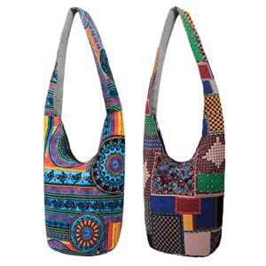 2 pcs bohemian hippie crossbody bag ethnic style bag everyday crossbody purse cotton and linen sling boho tote bag handmade messenger shoulder bags lady women tourist handbag