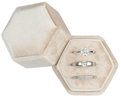 Giftop Equal Hexagon Velvet Ring Box Storage 3 Slots for Wedding Ceremony Proposal Engagement Birthday (Beige)