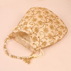 Indtresor beaded handcrafted embroidered evening purse drawstring handbag vintage party wedding gift for women. Golden