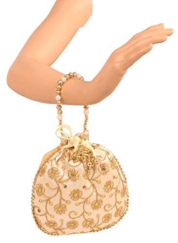 Indtresor beaded handcrafted embroidered evening purse drawstring handbag vintage party wedding gift for women. Golden