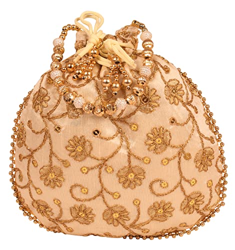 Indtresor beaded handcrafted embroidered evening purse drawstring handbag vintage party wedding gift for women. Golden