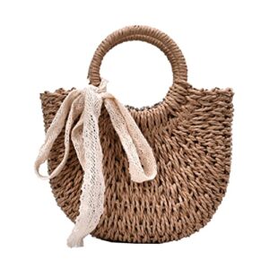 straw crossbody purses woven tote bag for women summer beach straw clutch bag rattan handbags with lace ribbon