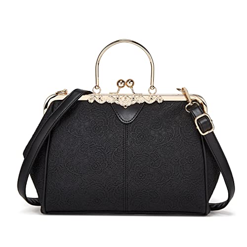 Abuyall Vintage Purses and Handbags Lace Evening Clutch Metal Ball Frame Party Chain Shoulder Bag Black-block