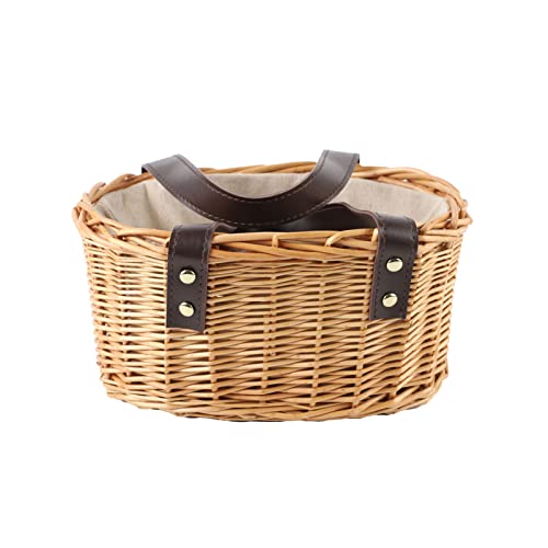 Wicker Picnic Basket with Double Leather Handles, Natural Willow Hamper for Easter Eggs Candy Wine Toy Flower Wedding Gifts