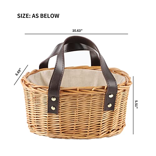 Wicker Picnic Basket with Double Leather Handles, Natural Willow Hamper for Easter Eggs Candy Wine Toy Flower Wedding Gifts