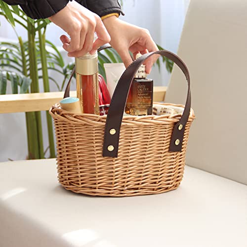 Wicker Picnic Basket with Double Leather Handles, Natural Willow Hamper for Easter Eggs Candy Wine Toy Flower Wedding Gifts