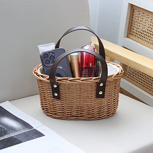 Wicker Picnic Basket with Double Leather Handles, Natural Willow Hamper for Easter Eggs Candy Wine Toy Flower Wedding Gifts