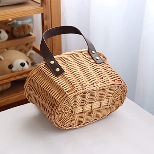 Wicker Picnic Basket with Double Leather Handles, Natural Willow Hamper for Easter Eggs Candy Wine Toy Flower Wedding Gifts