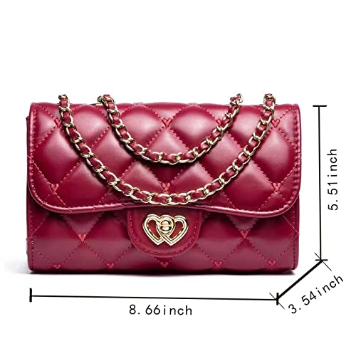 Qiayime Women Crossbody Bag Quilted Ladies Fashion Leather Handbag Small Shoulder Bag Purse Heart Shaped Clutch Evening Bag (Red)