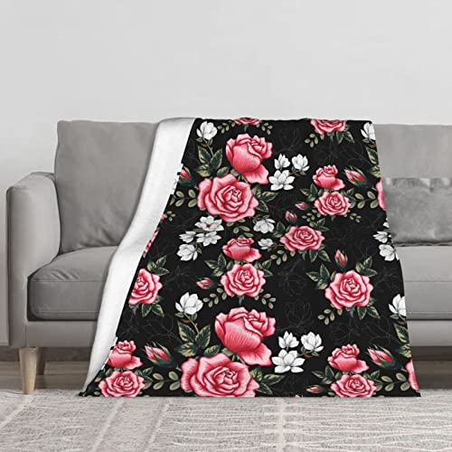 YEAHSPACE Flower Blanket Floral 50 x 60 Inches Flannel Throw for Bed Sofa Couch Travel Camp -Flower Floral Rose Red Black