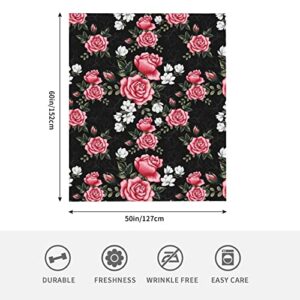 YEAHSPACE Flower Blanket Floral 50 x 60 Inches Flannel Throw for Bed Sofa Couch Travel Camp -Flower Floral Rose Red Black