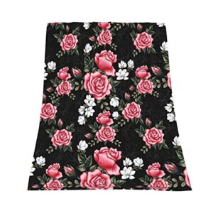 YEAHSPACE Flower Blanket Floral 50 x 60 Inches Flannel Throw for Bed Sofa Couch Travel Camp -Flower Floral Rose Red Black