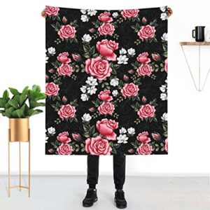 YEAHSPACE Flower Blanket Floral 50 x 60 Inches Flannel Throw for Bed Sofa Couch Travel Camp -Flower Floral Rose Red Black