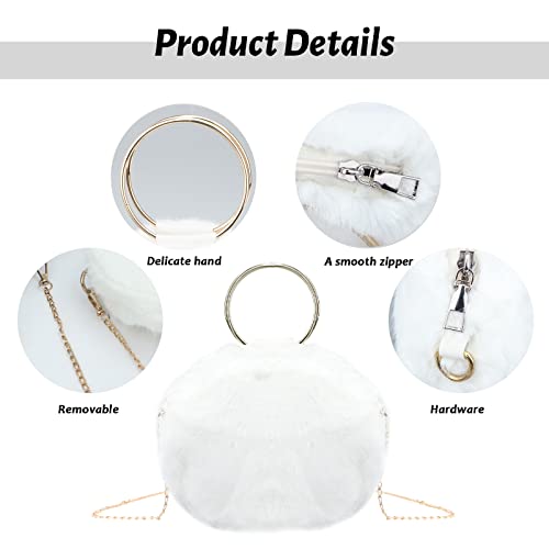 SUKUTU Girls Faux Fur Round Top Handle Bag Ring Handle Clutch Soft Furry Purse for Autumn and Winter