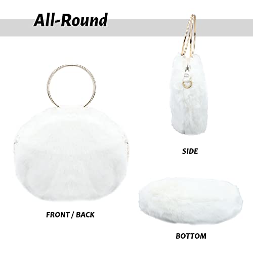 SUKUTU Girls Faux Fur Round Top Handle Bag Ring Handle Clutch Soft Furry Purse for Autumn and Winter