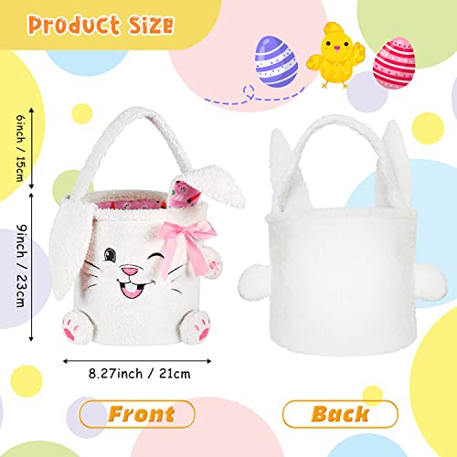 KINQKESO Plush Bunny Easter Basket for Kids, White Fluffy Easter Buckets with Plush Ear - Easter Egg Hunt Basket Bags for Easter Eggs Goodie Candy Party Favor Decorations, Easter Gifts for Boys Girls